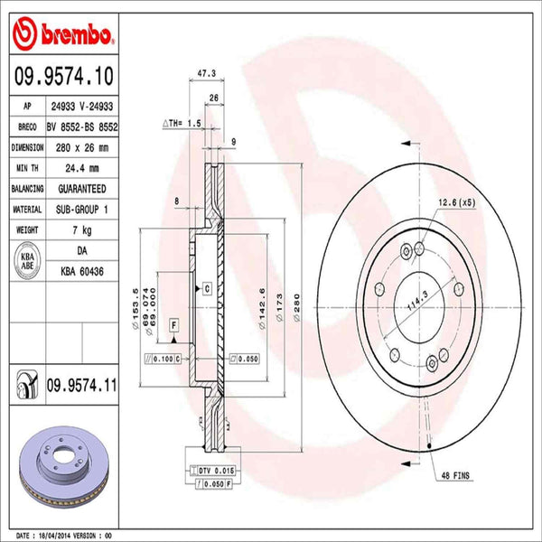 Brembo OE 03-08 Tiburon/05-09 Tucson/05-10 Kia Sportage Front Prem UV ...
