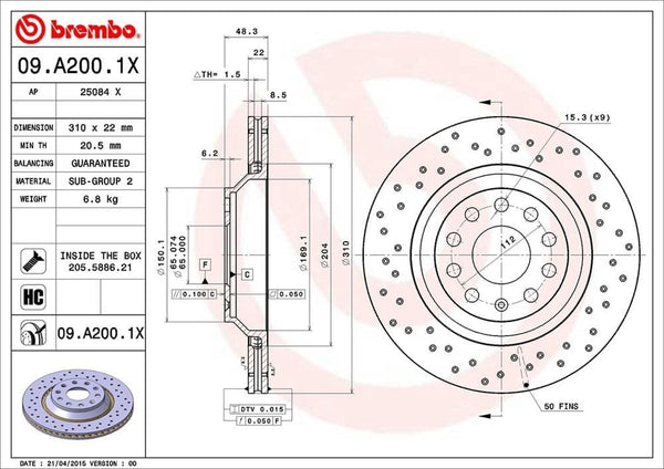Rear Cross Drilled Rotor Set (310x22mm) - VW/Audi / A3 / RS3 / TT-S ...