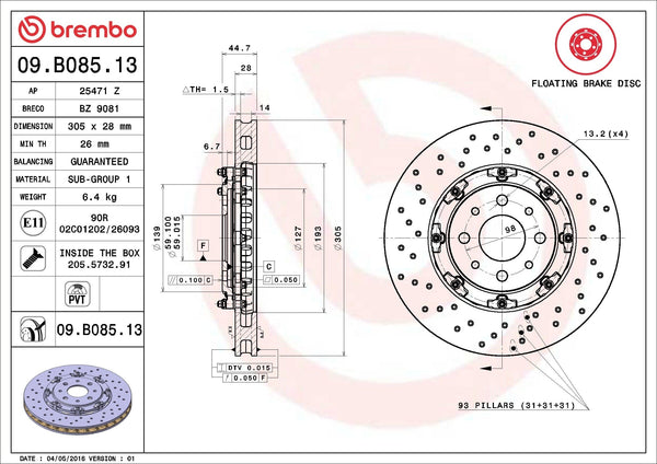 Brembo OE 12-19 Fiat 500 Rear Prem Rotor | 09-B085-13-BRE – UroTuning