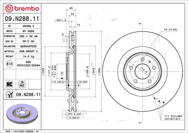 Brembo OE 13-14 Ford Mustang Front Prem UV Coat Rotor | 09-N288-11-BRE ...