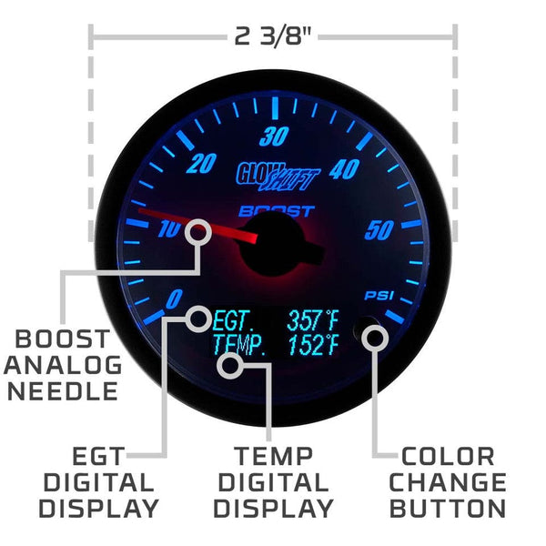 GlowShift Gauges 3in1 White Dial Boost with Digital Exhaust Gas ...